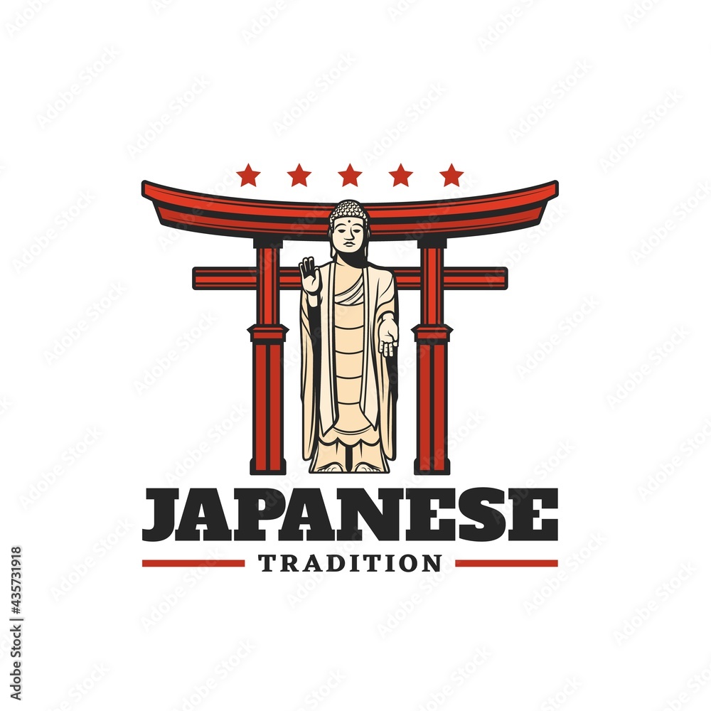 Japanese tradition, Buddha and Torii gates vector travel icon. Japanese ...