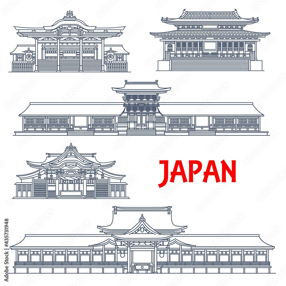 Japanese landmarks, architecture temples and buildings, vector line ...