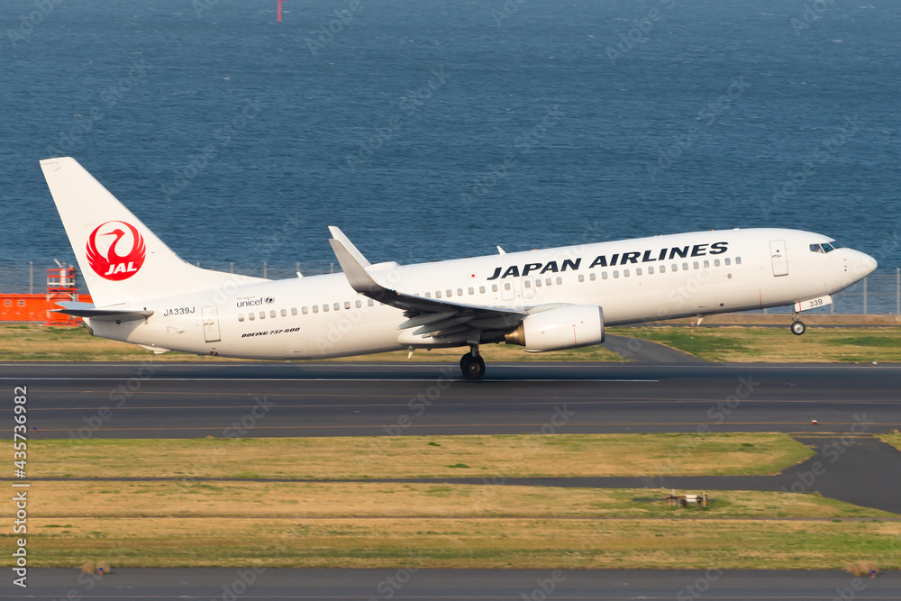 Japan Airlines Boeing 737 departing Haneda Airport with Tokyo Bay ...