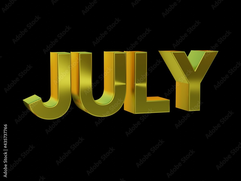 July gold text isolated on black background . 3d render illustration ...