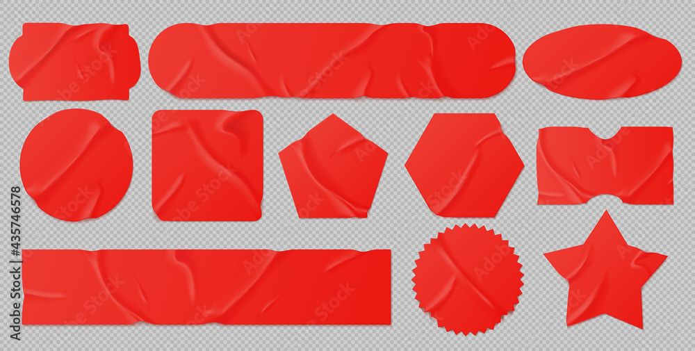Red glued stickers or crumpled paper patches mockup. Blank shrunken ...