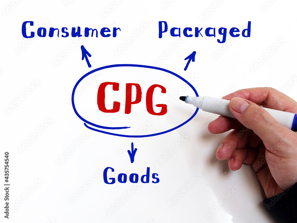 CPG Consumer Packaged Goods on Concept photo. Male hand is ready for ...