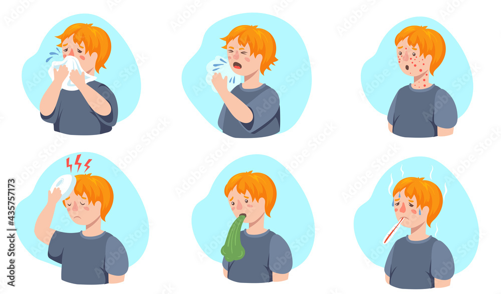 Set of boy sickness symptoms. Cartoon vector illustration. Boy sneezing ...