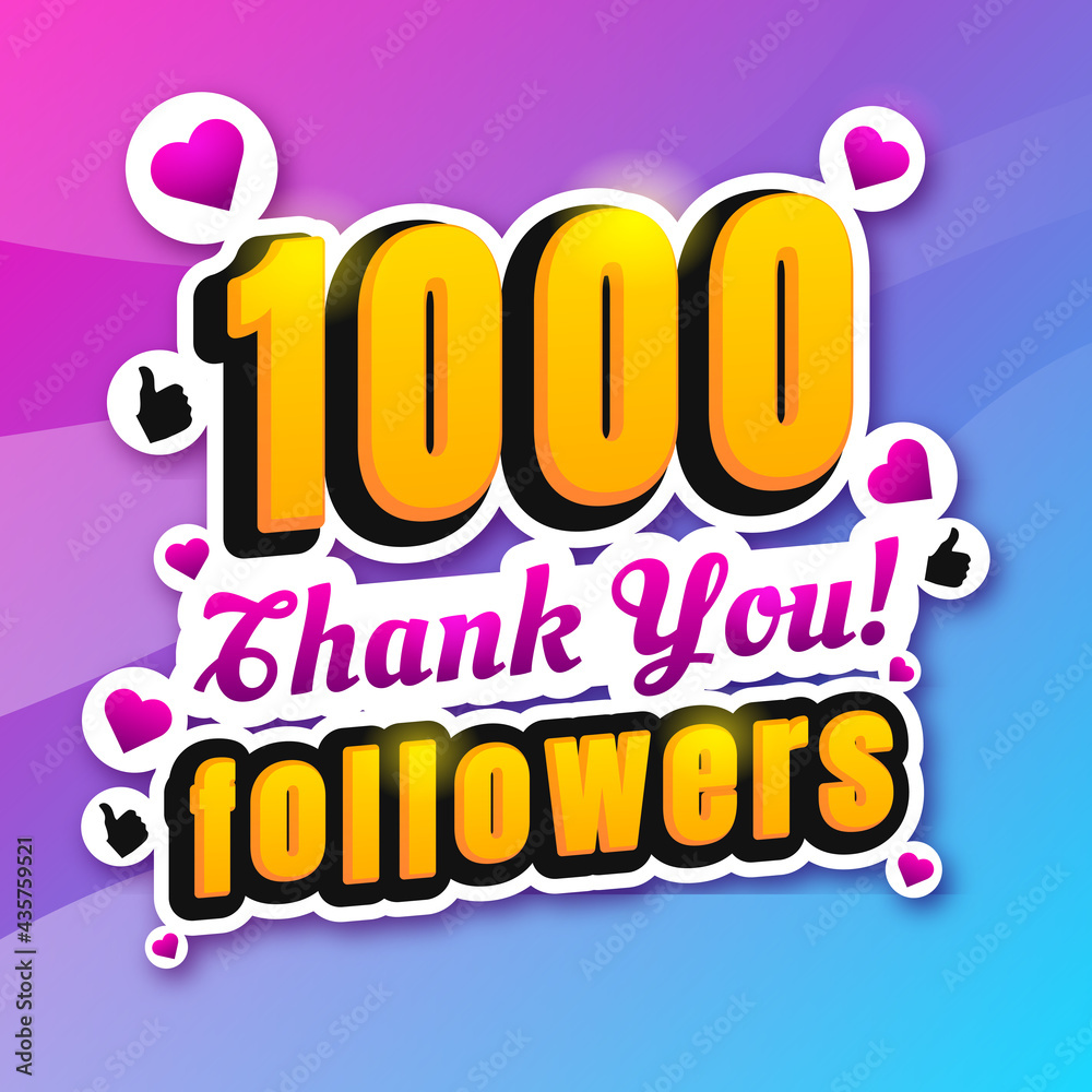 1000 subscribers colorful banner with heart and like icons, thumbs up ...