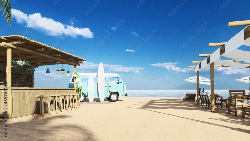 3d render from imagine summer beach bar in the sand with the sea beach ...