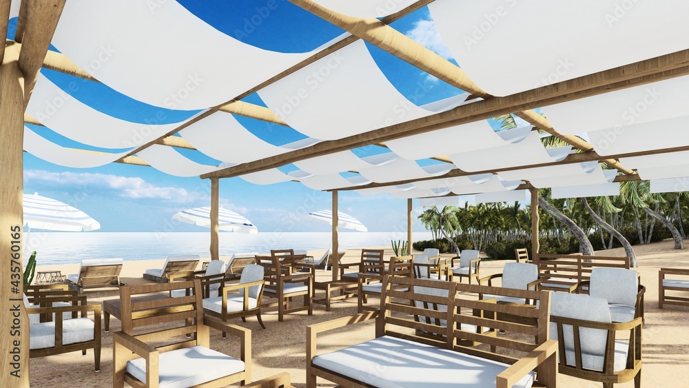 3d render from imagine summer beach bar in the sand with the sea beach ...
