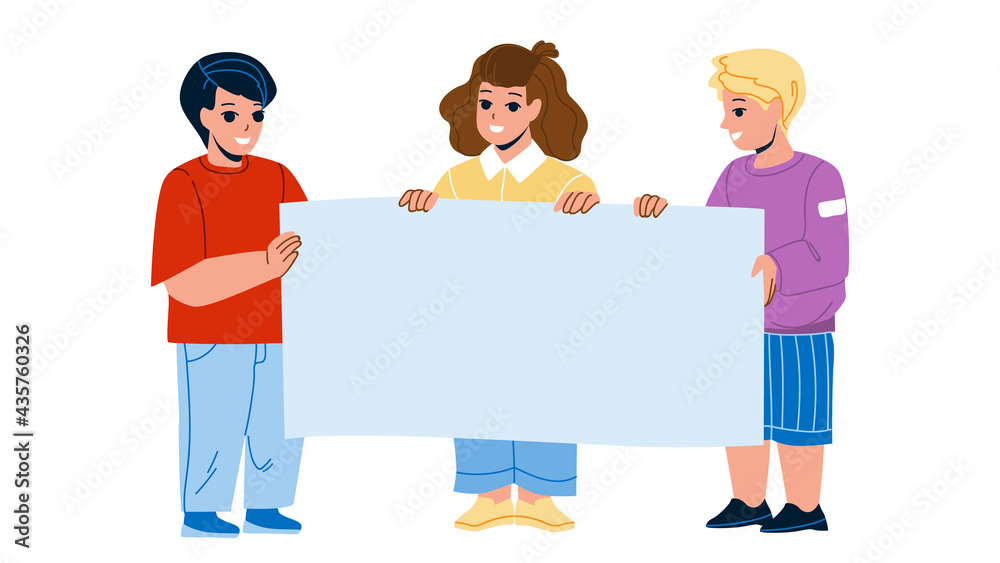 Kids With Blank Advertise Poster Together Vector. Boys And Girl ...