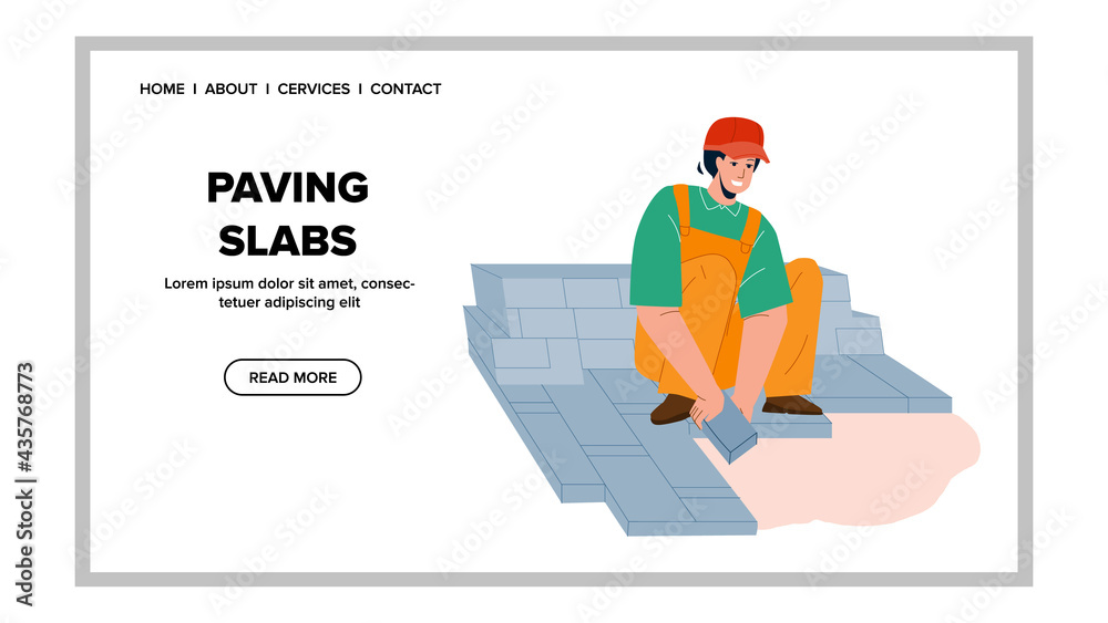 Paving Slabs Laying Handyman On Street Vector. Builder Man In Uniform ...
