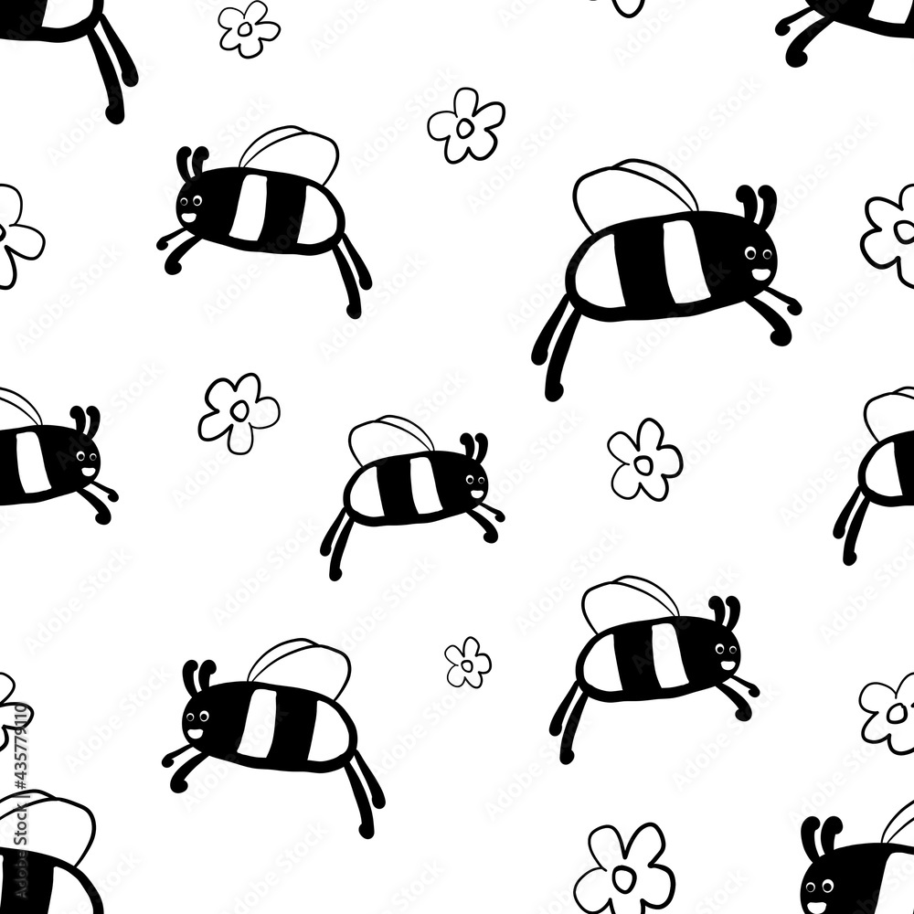 Seamless black and white linear pattern .Bees on white background ...
