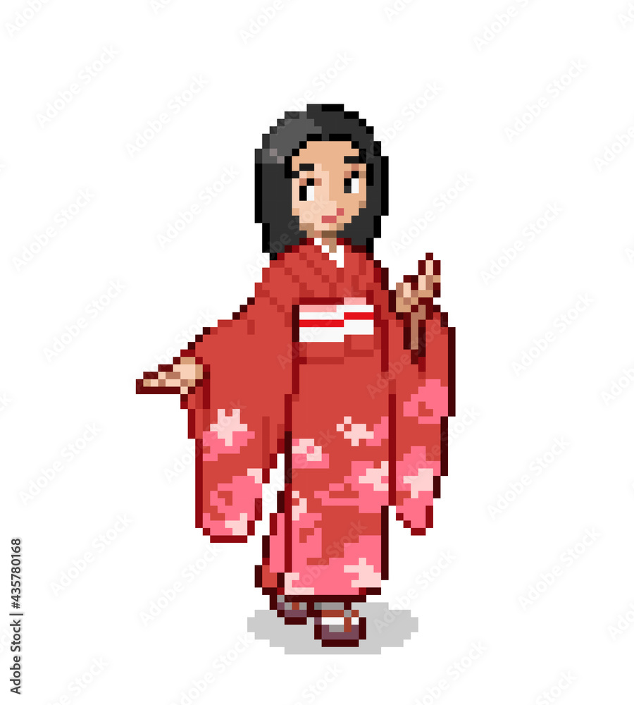 16 bit Pixel image of anime girl dressed in kimono. Vector illustration ...