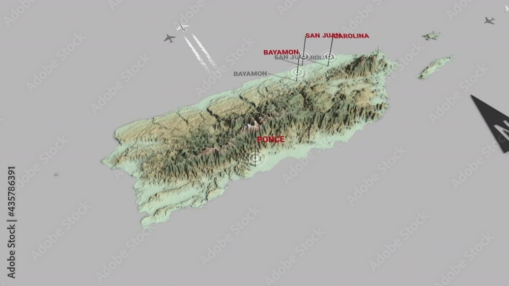 Seamless looping animation of the 3d terrain map of Puerto Rico with ...