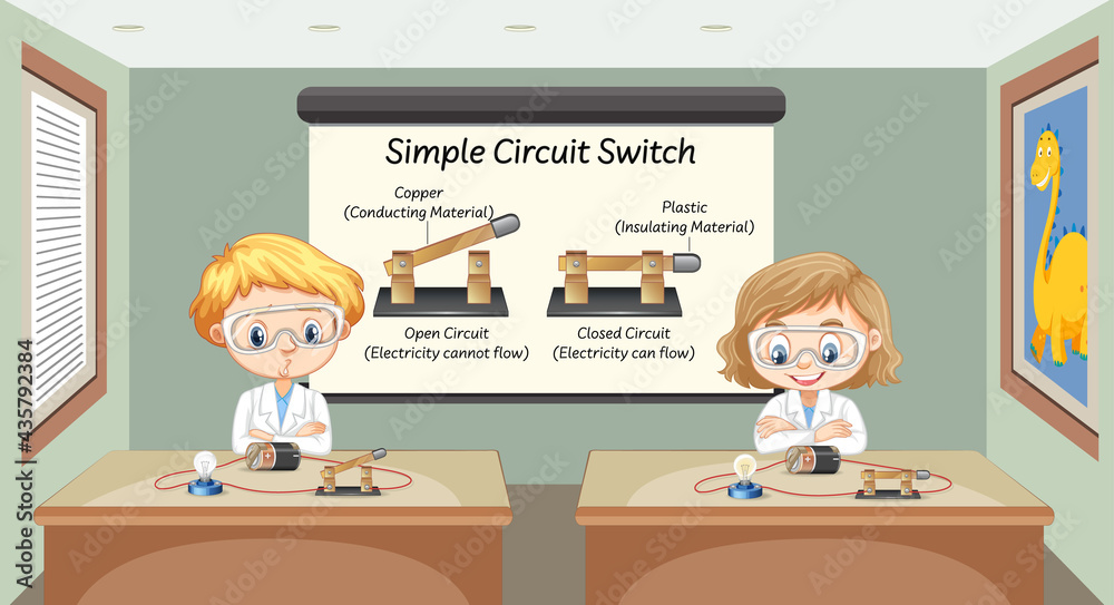Scientist explaining simple circuit switch Stock Vector | Adobe Stock