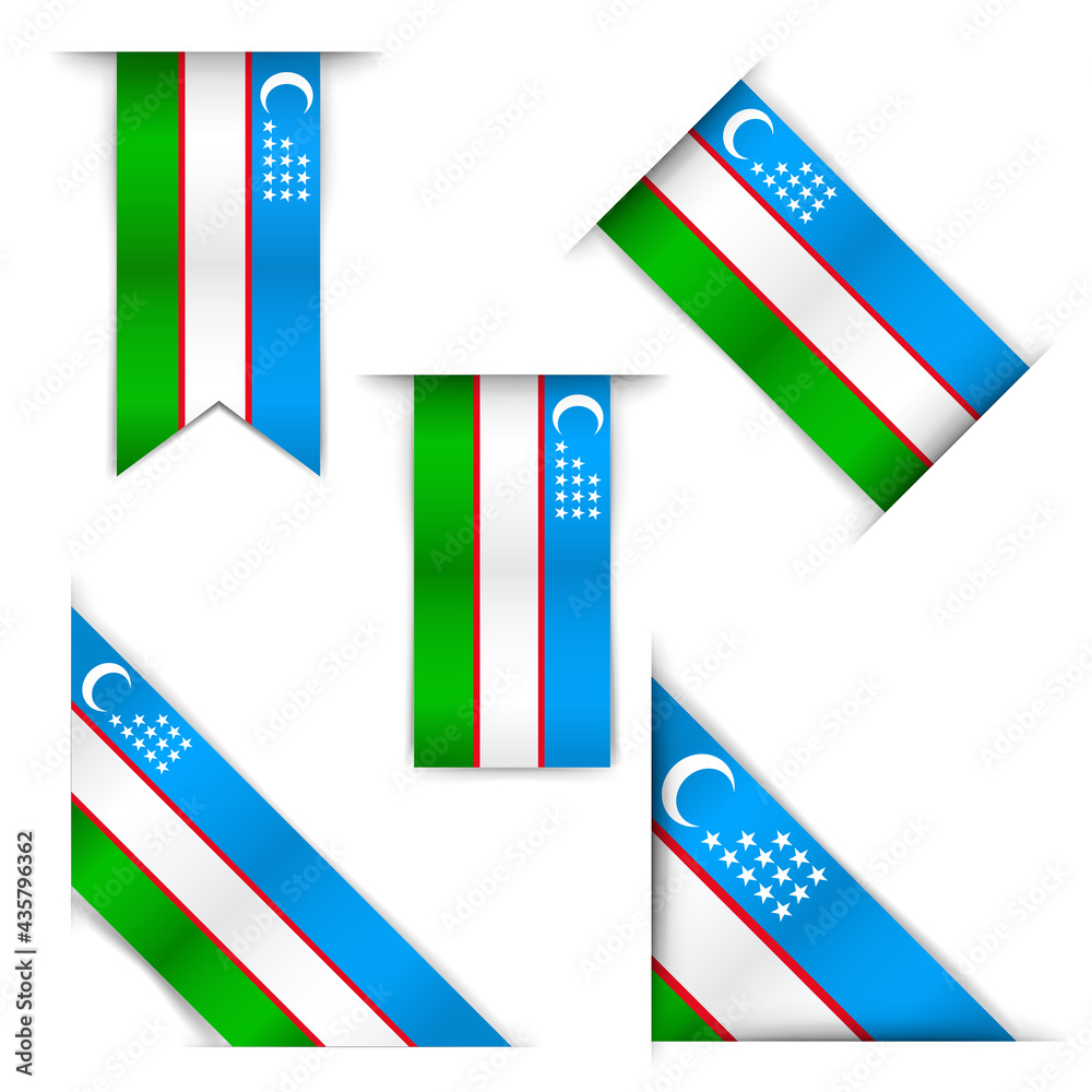 Set of five realistic flags of the Republic of Uzbekistan. Uzbek flags ...