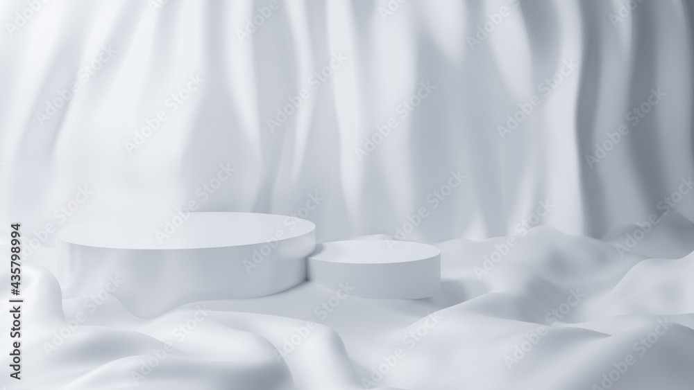 White blank podium front of white fabric backdrop for product ...