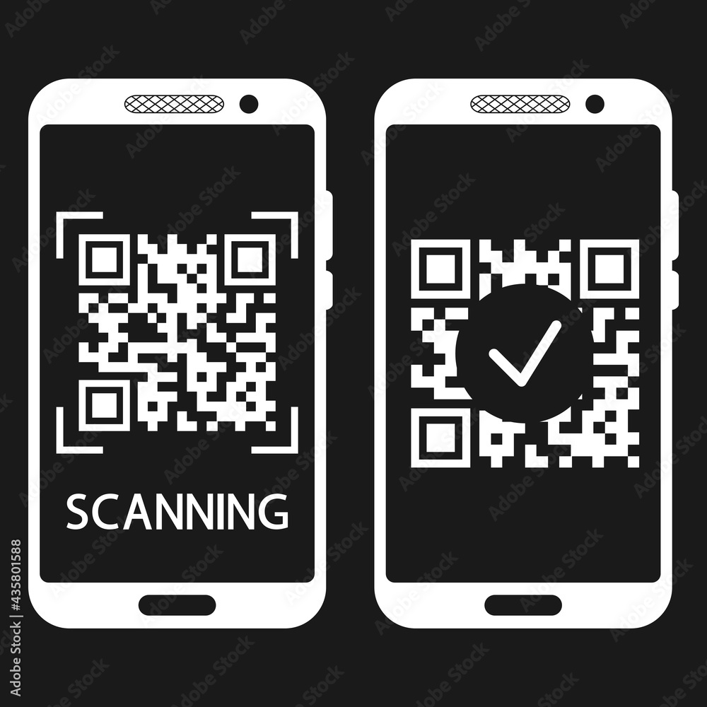 Vetor de Scan QR code with mobile phone. QR code scans completed ...