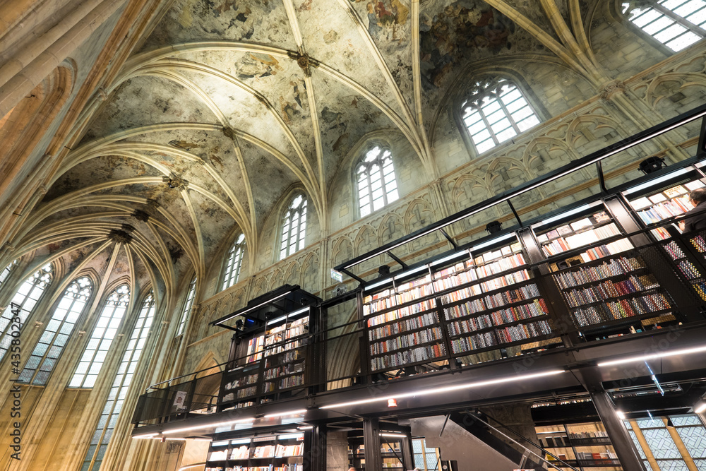 Interior of Dominican church converted into a bookstore with restaurant ...