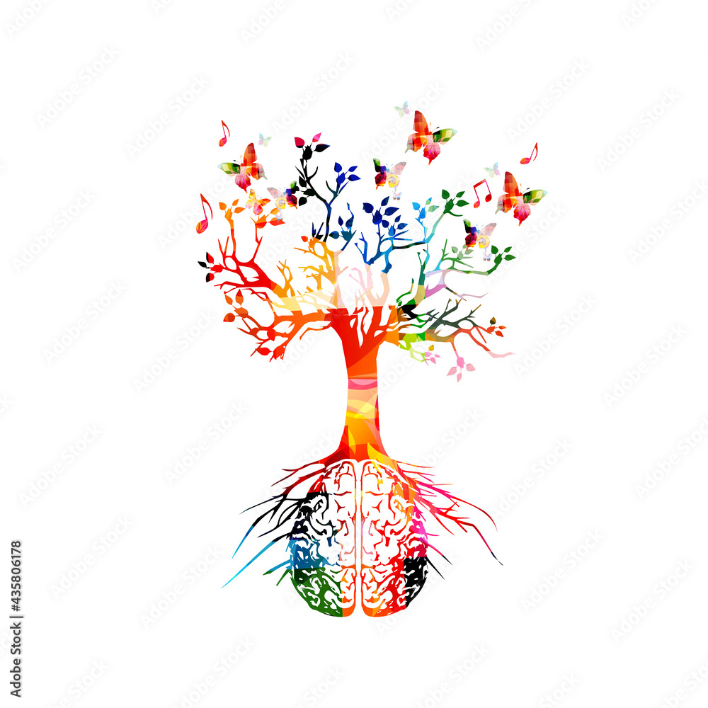 Colorful human brain with growing tree vector illustration background ...
