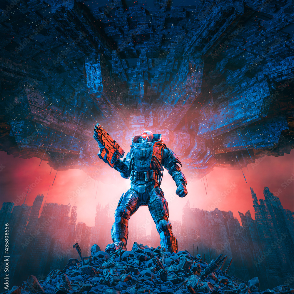 Cyberpunk soldier city warfare / 3D illustration of science fiction ...