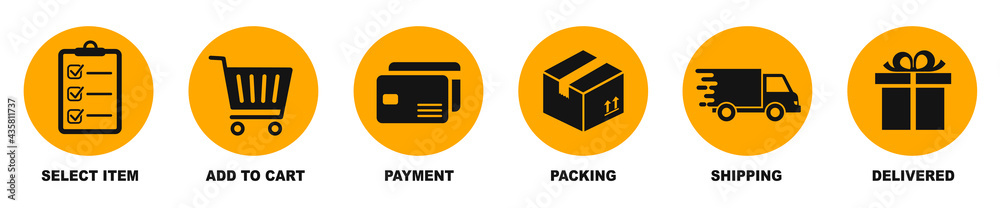 Concept of shopping process with 6 successive steps. Order parcel ...