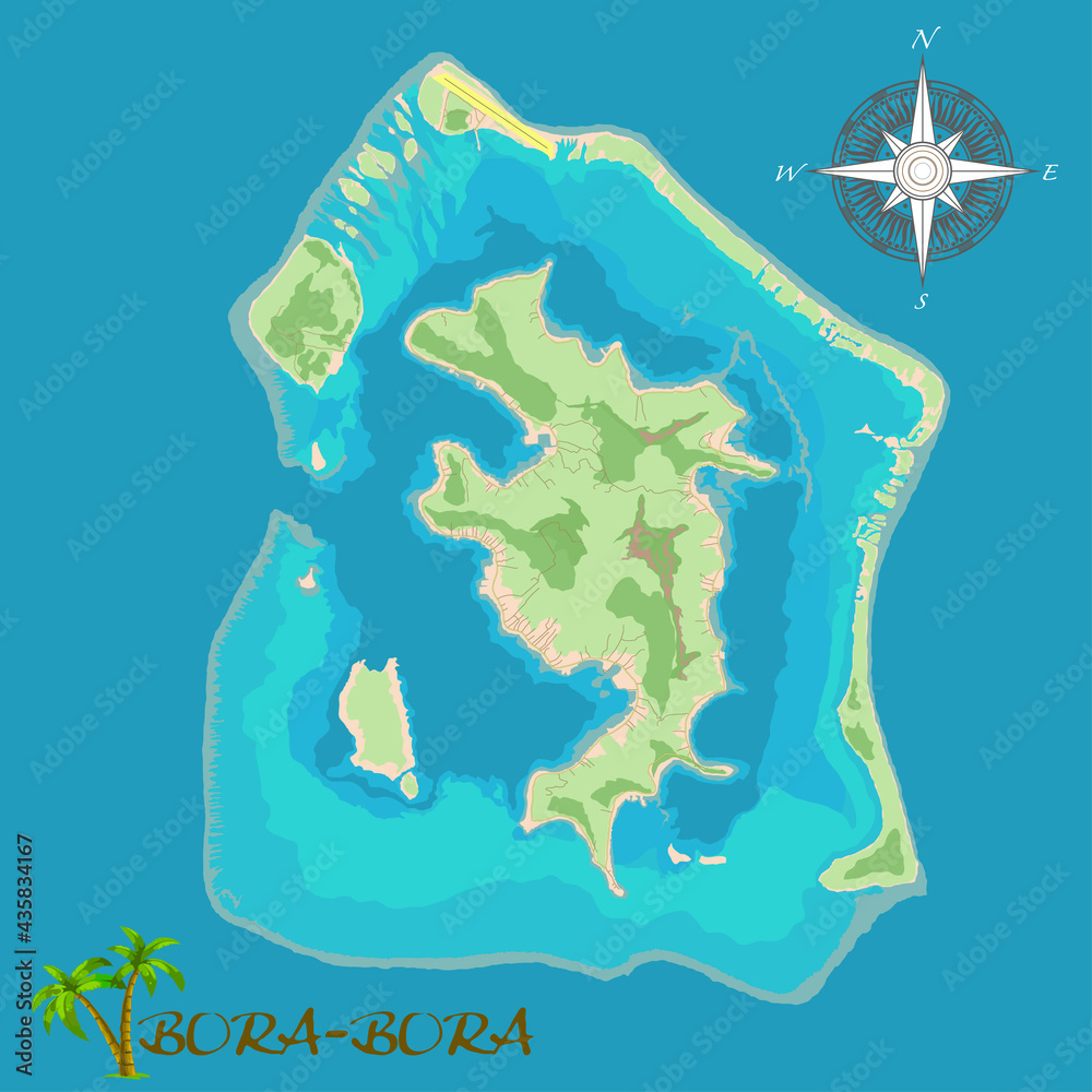 Bora-Bora Island. Realistic satellite background map with roads and ...