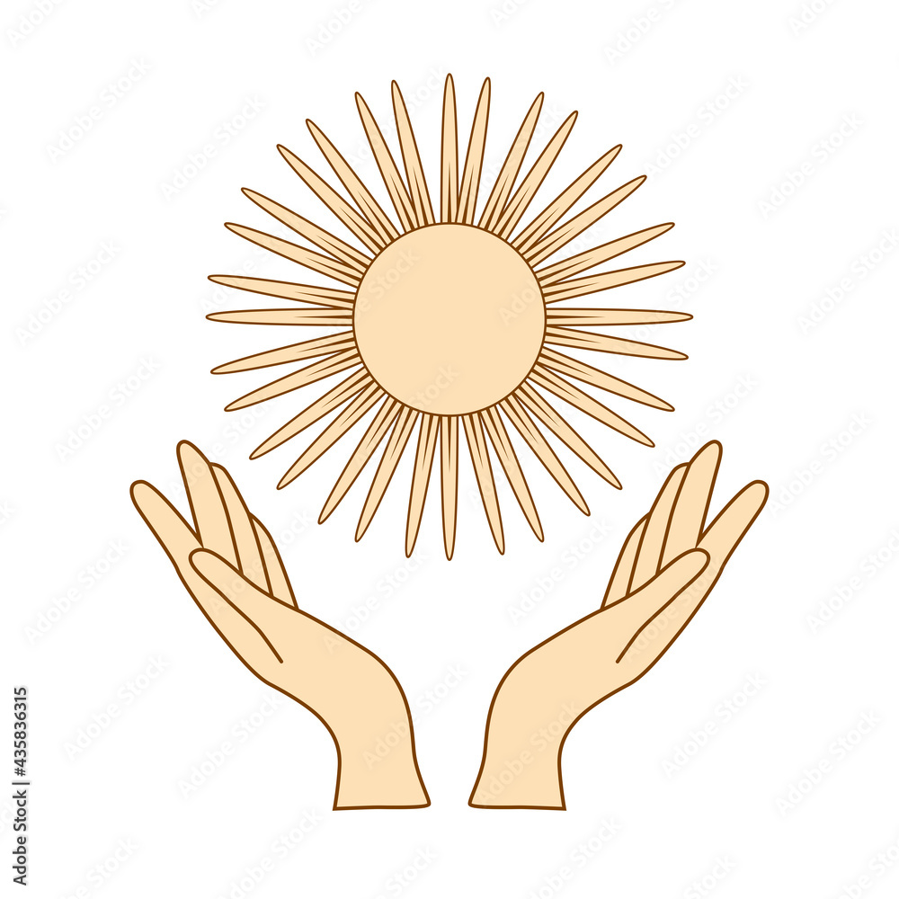 Mystical drawing, human hands hold the sun. Circle of a phase of the ...