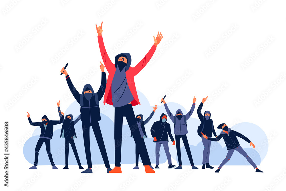 Youth Hooligans protests, fire smoke soot street fighting. Protesters ...