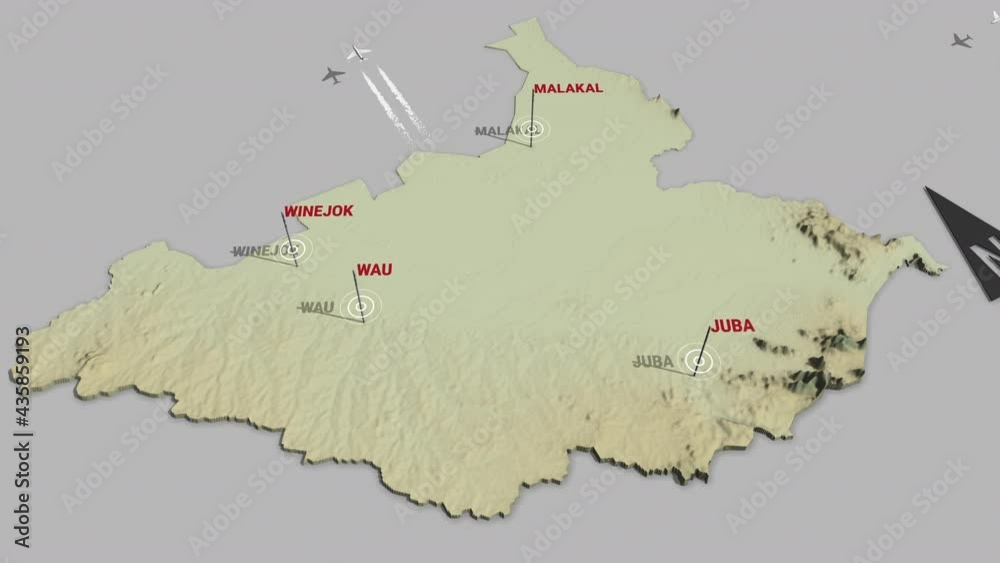 Seamless looping animation of the 3d terrain map of South Sudan with ...