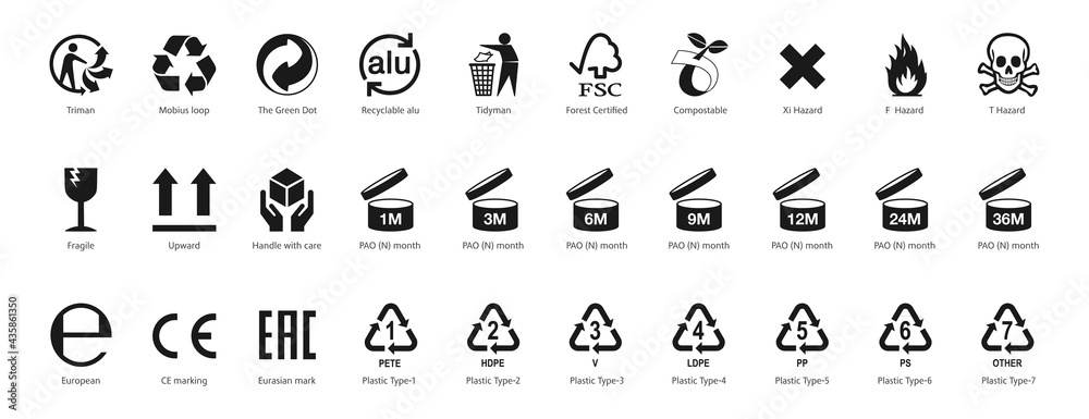 Stockvektorbilden Packaging icons, Recycling symbols, standard signs, certification mark black ...