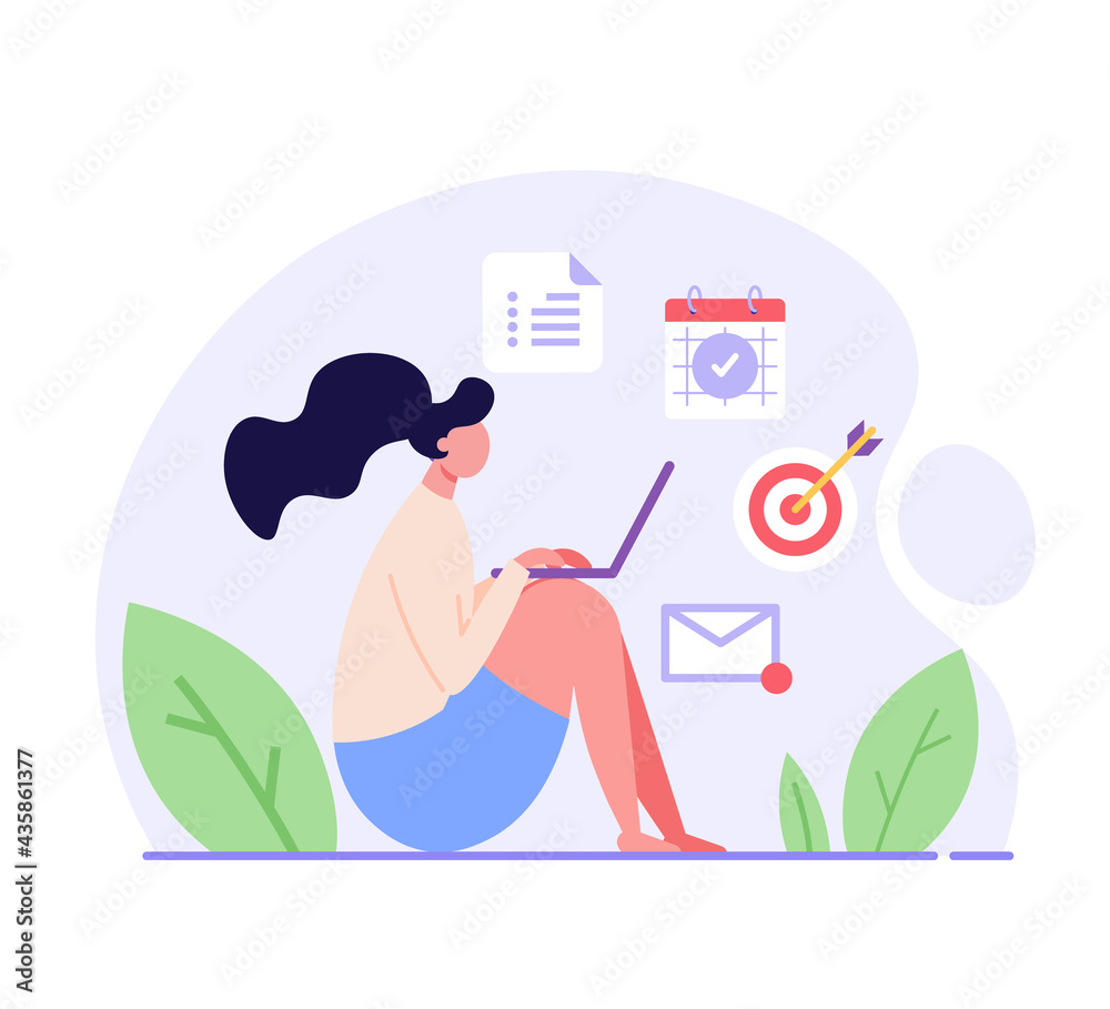 Stay focused concept. Woman working with aim, schedule and new letter ...