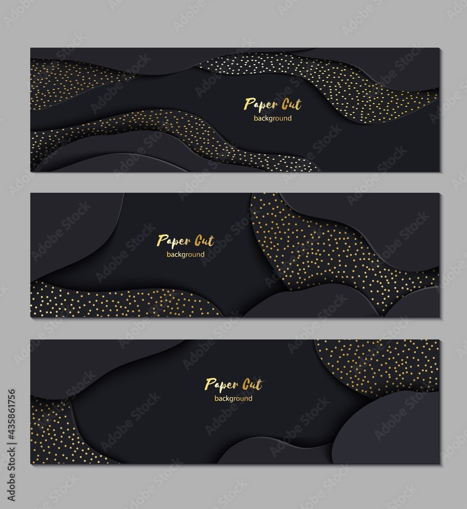 Set of three black paper cut 3d banners. Abstract realistic papercut ...