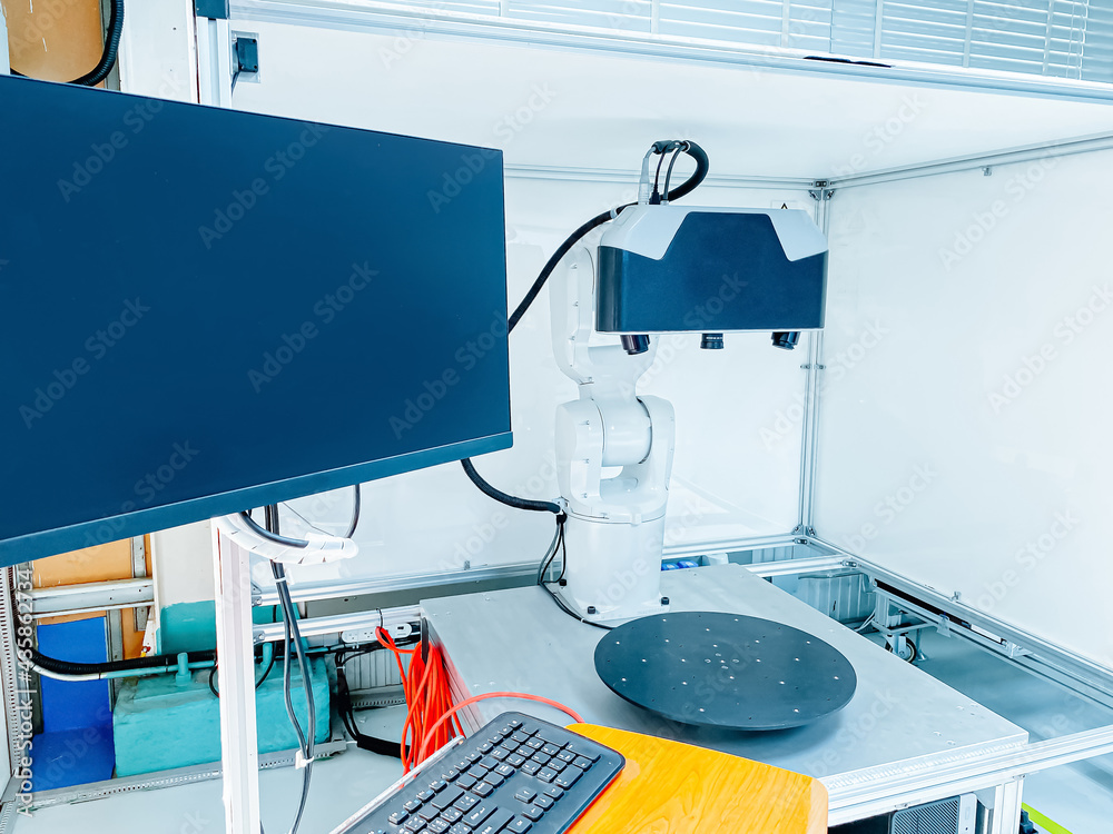 Inspection part dimension by 3D scan measuring machine. Stock Photo ...