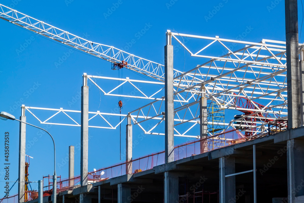 Closeup of Trade Center building during construction with steel frame ...