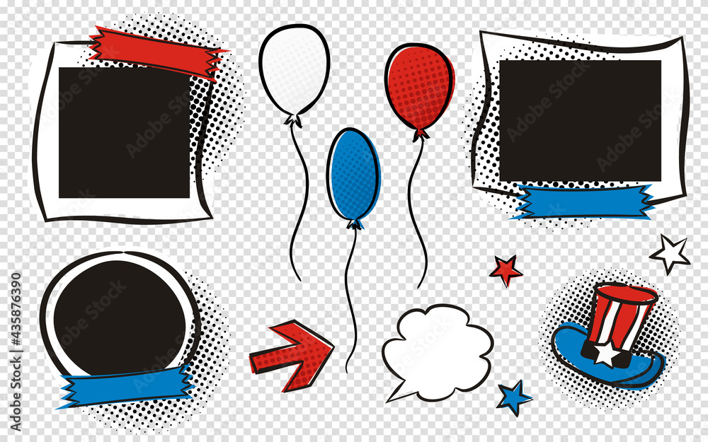 Set of comic photo frames and elements for USA Independence Day ...