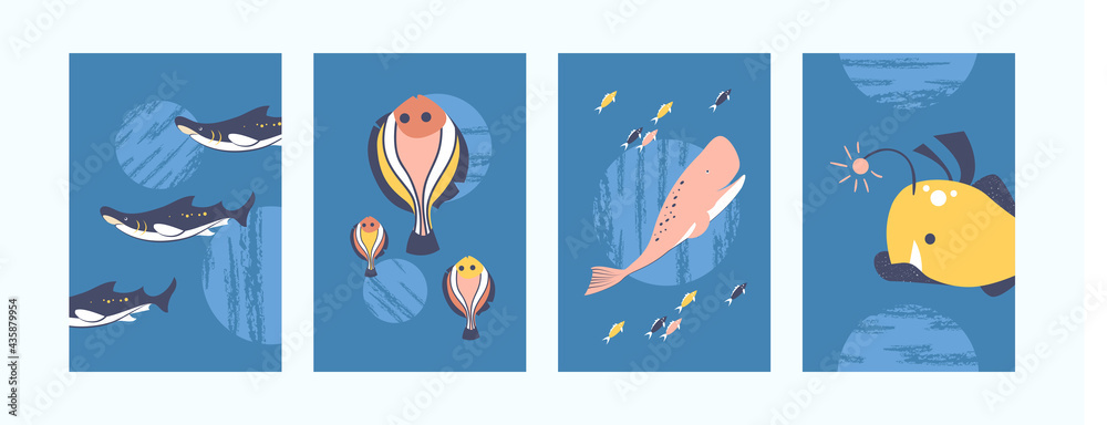 Sea animals illustrations set in creative style. Sea world illustration ...
