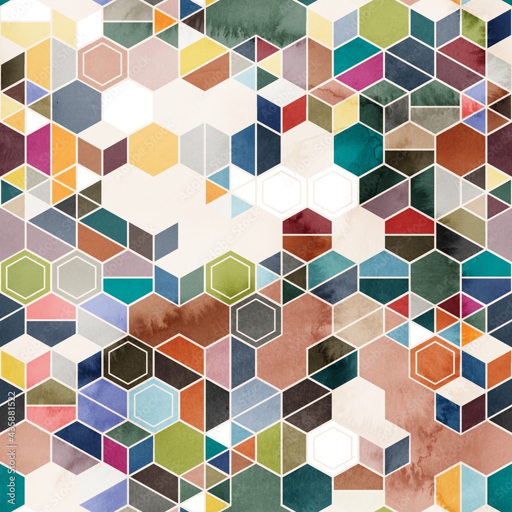 Seamless pattern of hexagons in random colors in watercolor. High ...