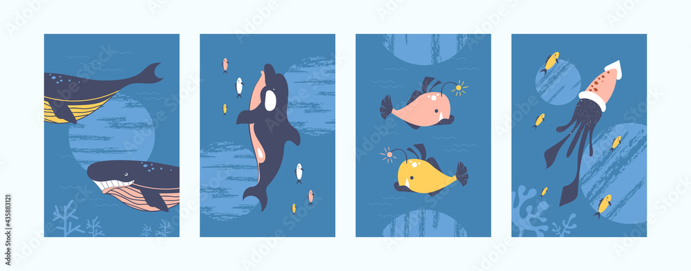 Bright sea animals illustrations set. Sea world illustration set in ...