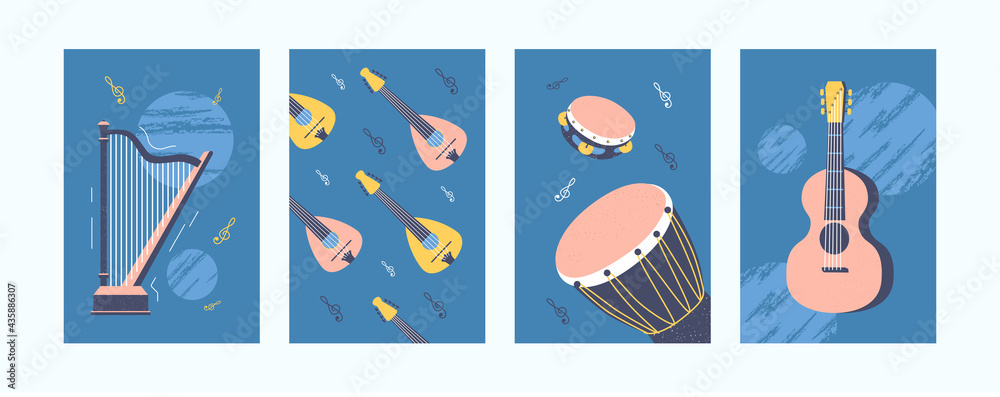 Illustration set for music concept in pastel colors. Music instruments ...