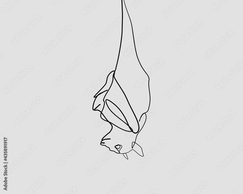 Continuous line, Black bat hanging. Drawing of set Animals. (Vector ...