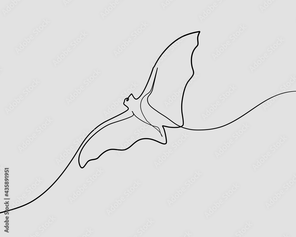 Continuous line, Black bat flying. Drawing of set Animals. (Vector ...