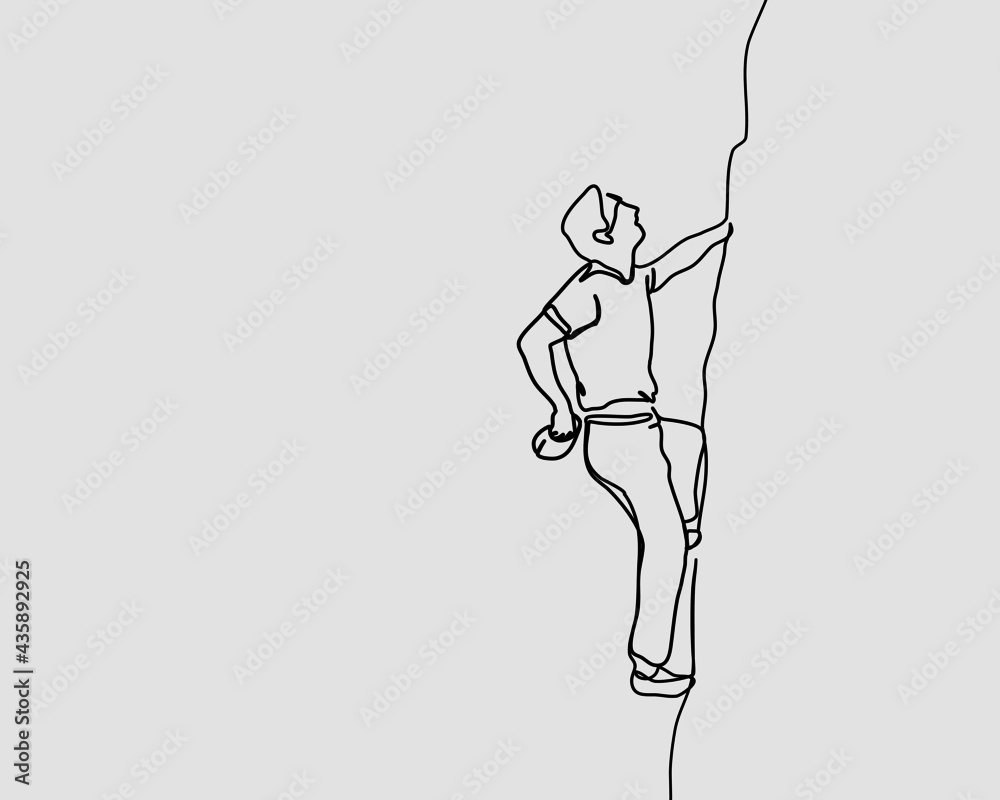 Continuous line, Young man climbing on a limestone wall. Drawing of set ...