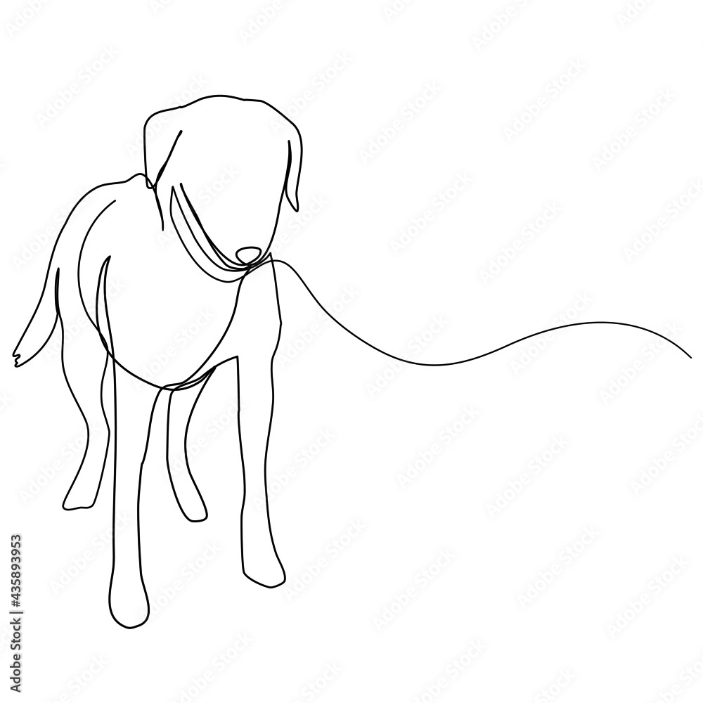 Continuous line, dog with leather leash waiting to go walkies. Drawing ...