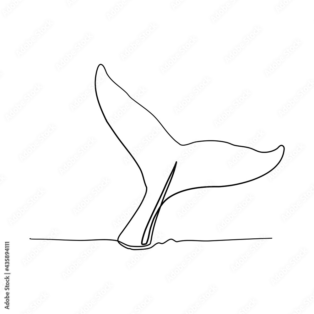 Continuous line, Whale tail dripping with water. Drawing of set Animal ...