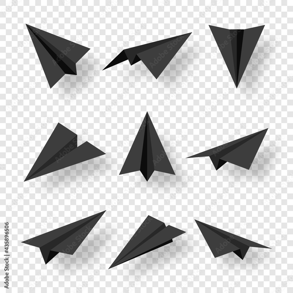 Realistic black handmade paper planes isolated on transparent ...