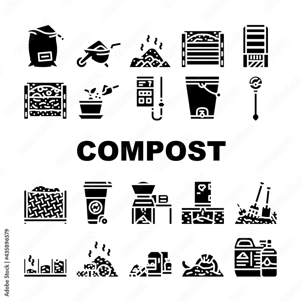 Compost Production Collection Icons Set Vector. Worms In Compost And ...