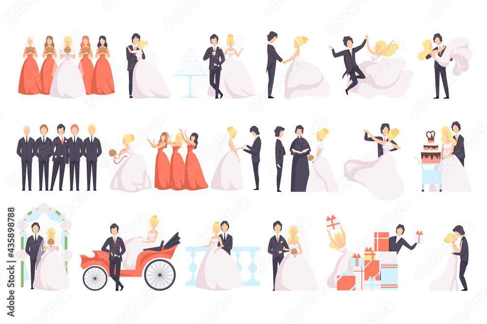 Big Set of Just Married Couples and their Guests, Happy Wedding Couples ...