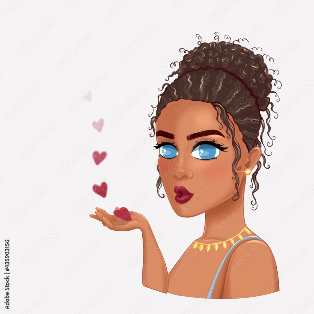 Cartoon girl with arm blowing heart. Pretty African American girl ...