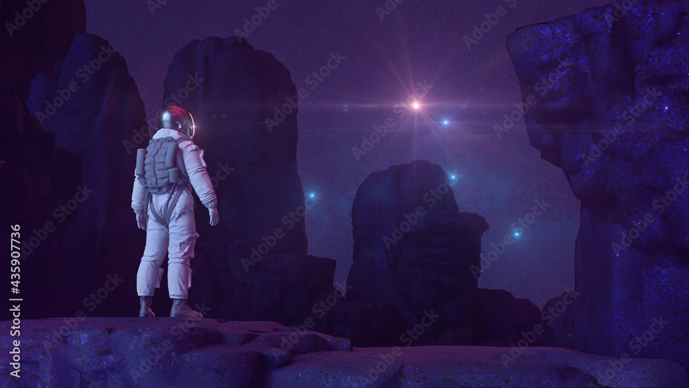 Astronaut In Dark Rocky Landscape Lookingt Into Starry Sky | Science ...