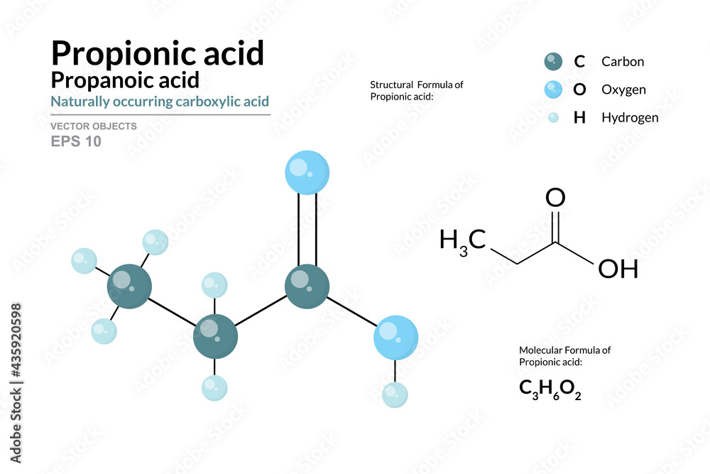 Propionic (Propanoic) acid. Naturally occurring carboxylic acid. C3H6O2. Structural Chemical ...