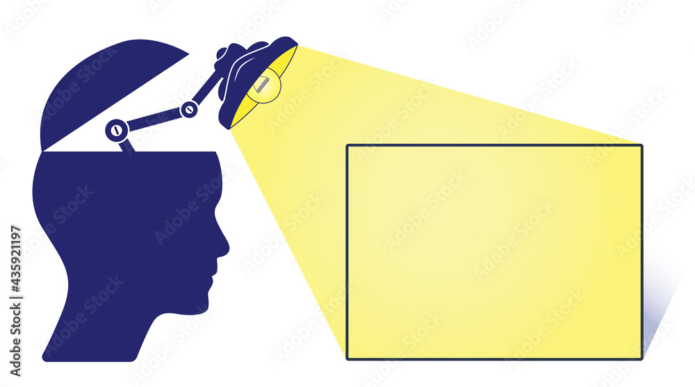 Open mind concept with head, office lamp, signboard illustration ...