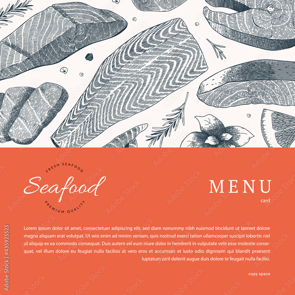 Seafood restaurant menu cover with logo, vector template with salmon ...